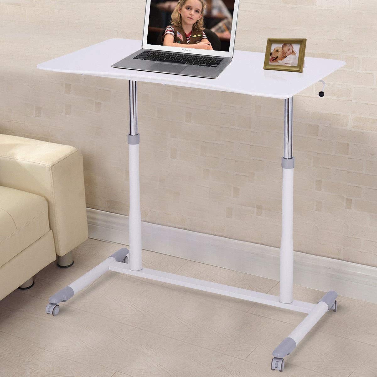 Home Office Bedroom Dorm Living Room Modern Furniture Decor Height Adjusting Compact Computer End Side Table Ergonomic Practical Sit to Stand Rolling Desk Sturdy White Wood Steel Tube Multipurpose