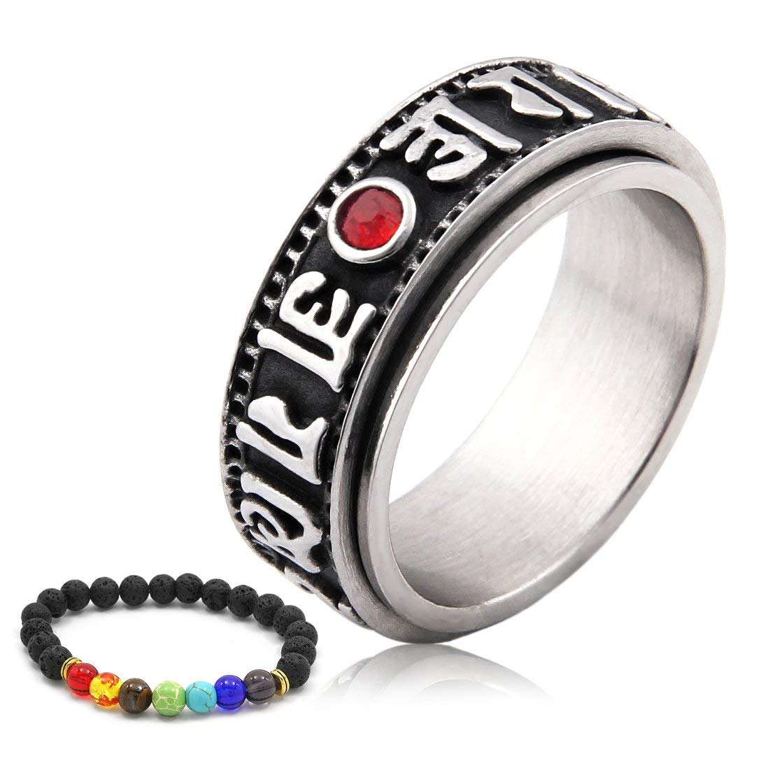 Gungneer Om Six Mantra Words Ring Stainless Steel Pink Rhinestone Amulet Against Evil Unlucky Unique Personality Jewelry
