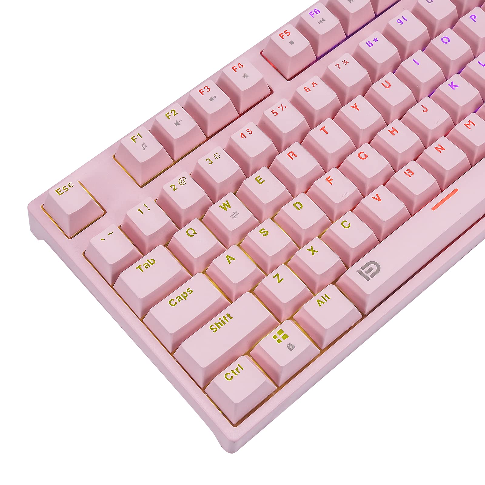 HUO JI Pink Mechanical Gaming Keyboard, USB Wired with Rainbow LED Backlit, Brown Switches, Multimedia Keys,108 Keys No Conflict