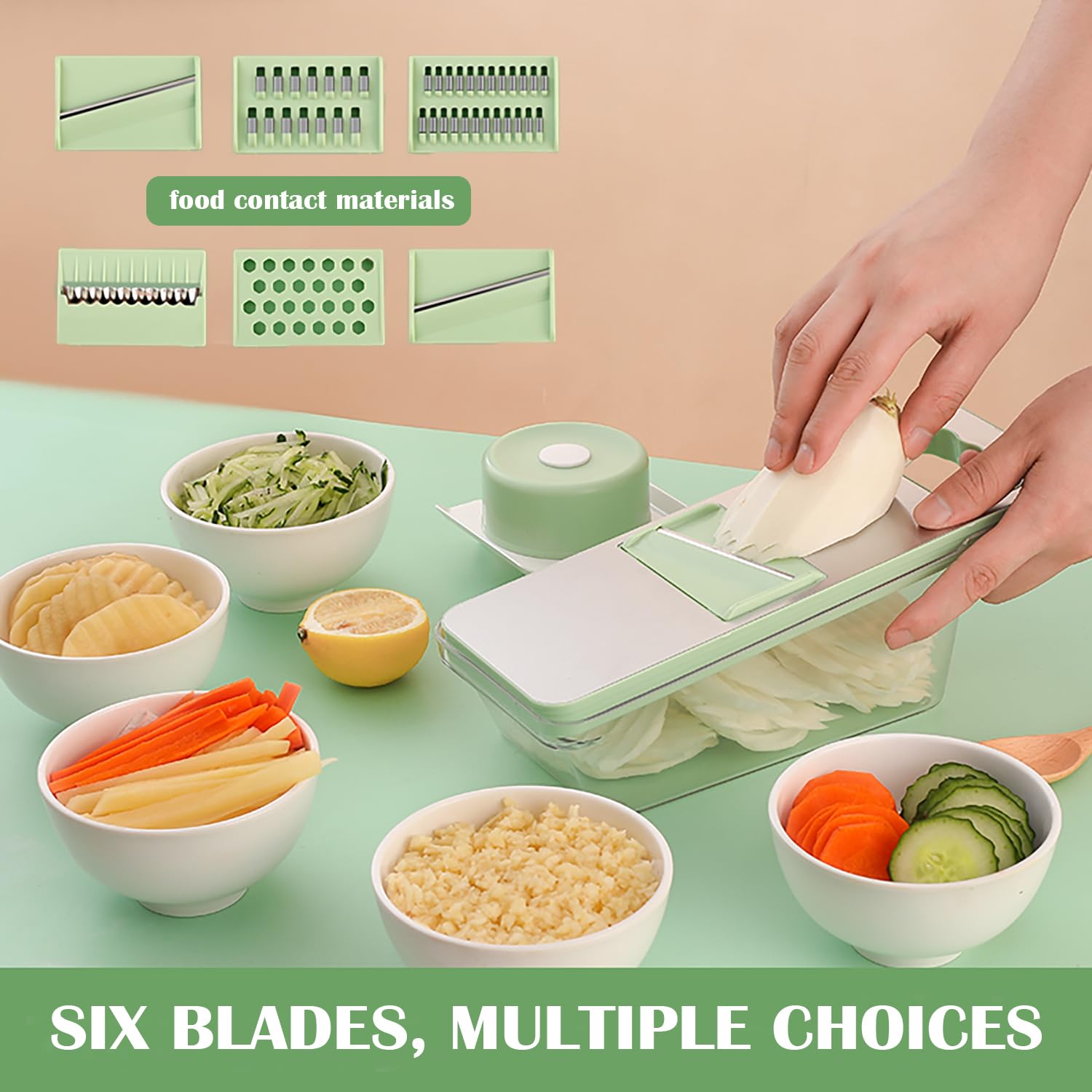 GMELOV Mandoline Slicer for Kitchen, 6-in-1 Multi Functional Food Chopper Vegetable Cutter with Container, Adjustable Onion Cutter Veggie Slicer Cheese Grater Garlic Grinder with 6 Blades（Green）