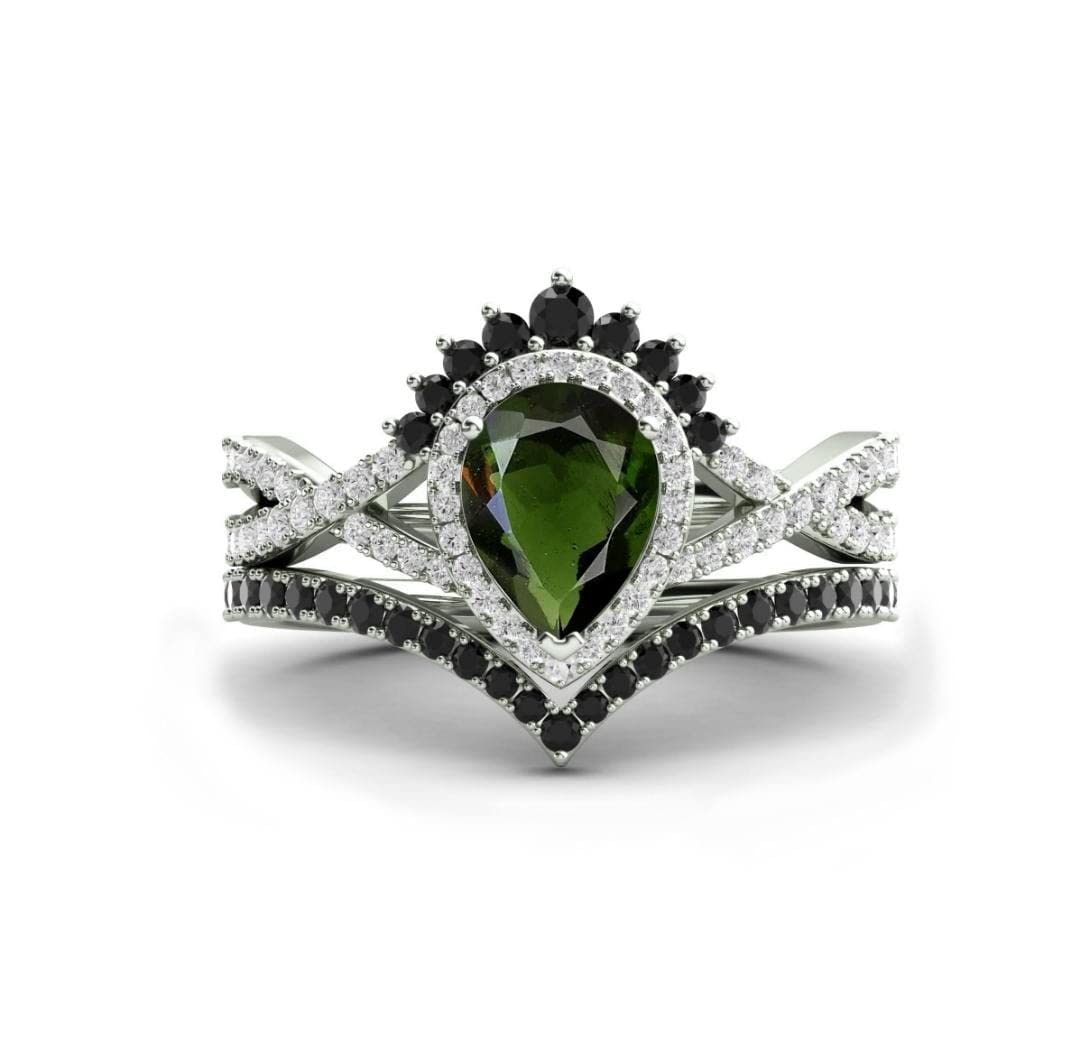 Moldavite Engagement Ring, Antique Moldavite Wedding Ring, Pear Shape Moldavite Bridal Ring Set, Unique Promise Anniversary Ring Set For Her (Rose Gold, 12)