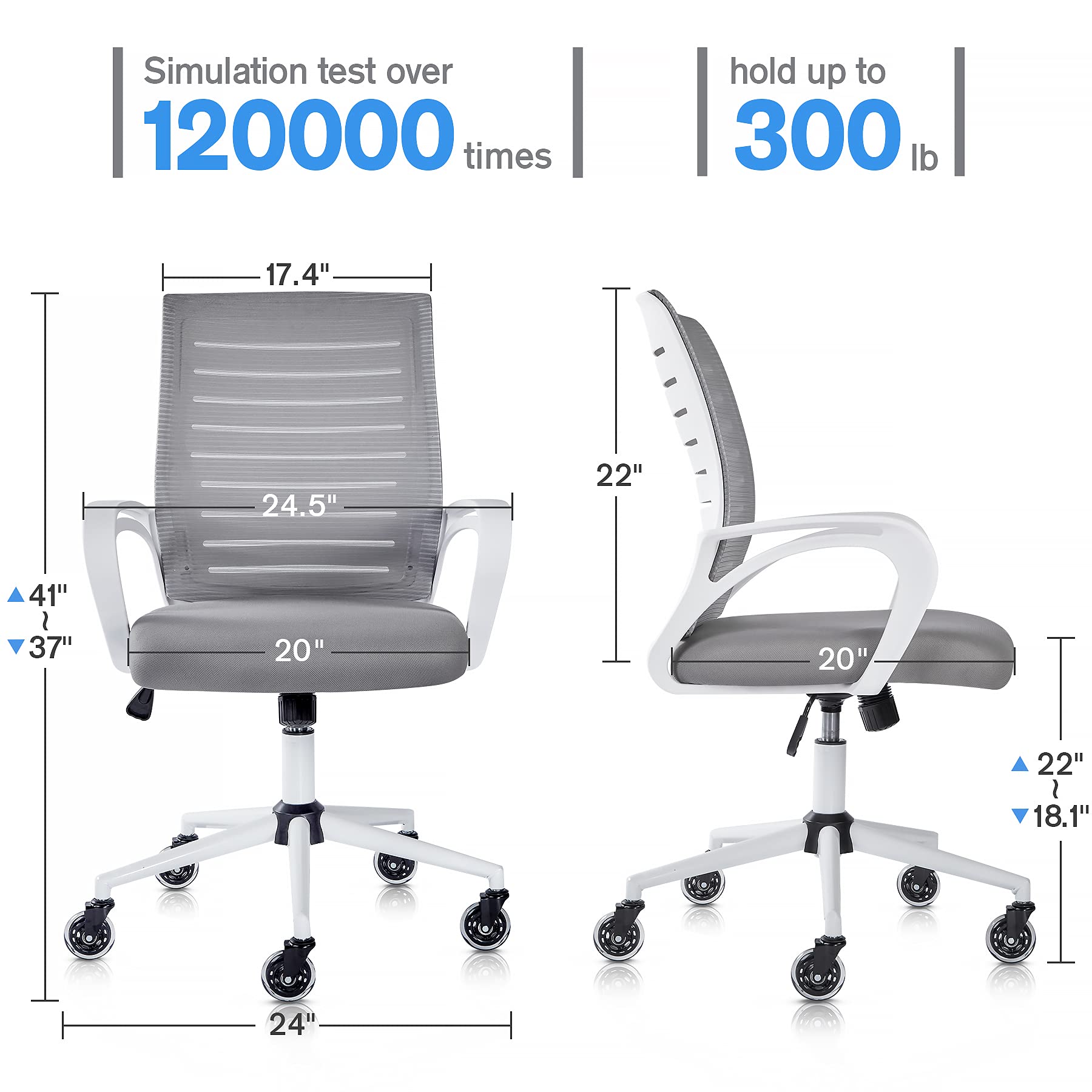 Home Office Chair, Ergonomic Computer Desk Chair with Upgraded Crystal Clear Rubber Casters Adjustable Swivel Rolling Mesh Mid Back Task Chair with Lumbar Support Armrests for Women Men Adult