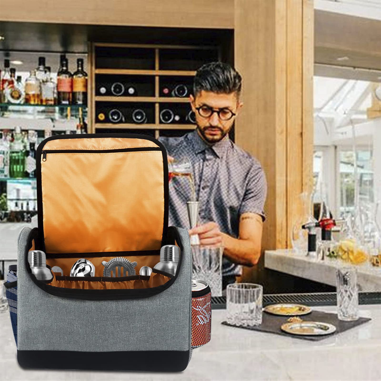 Jaugufiy Canvas Bartender Bag, Portable Travel Carrying,Cocktail Shaker Tool Set Travel Carrying Bag with Handle, Portable Travel Bar Carrier for Bar Kit, Bag Only(Grey)