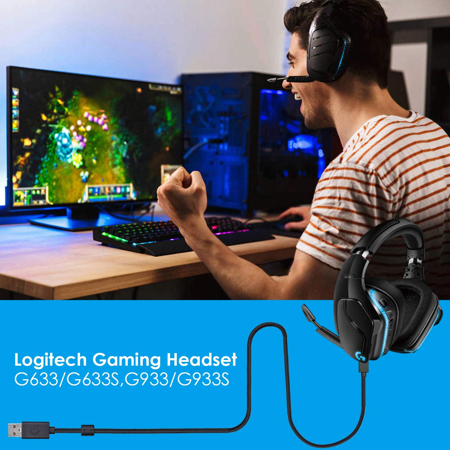 gozahad 2.0M Replacement Cable Cord for Logitech headset G633/G933, also working for Logitech Artemis Spectrum G633S/G933S USB Braided Cable