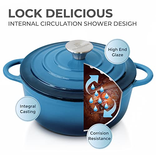 Trustmade 4.5 QT Cast Iron Dutch Oven, Enamel Coated Cookware Pot with Self Basting Lid for Home Baking, Braiser, Cooking, Blue