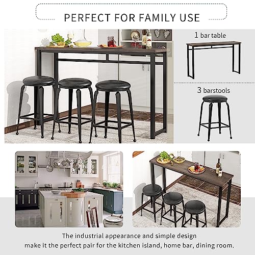 Goozio Chairs 4-Piece Industrial Counter Height Dining Set, 60'' Extra Long Kitchen Pub Table with 3 Bar Stools for Room Bistro,Brown+Black, OneSize