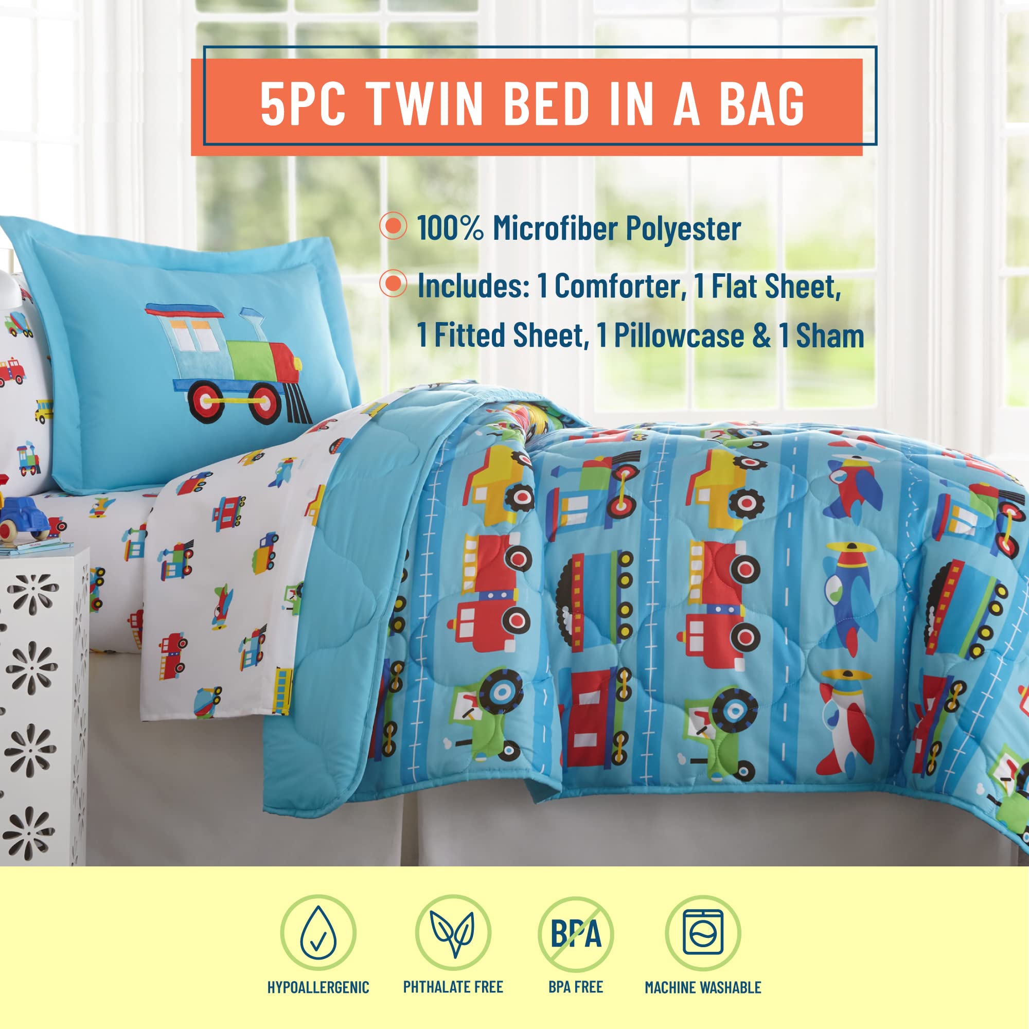 Wildkin Kids 5 Pc Twin Bed In A Bag for Boys and Girls, Microfiber Bedding Set Includes Comforter, Flat Sheet, Fitted Sheet, One Pillow Case and One Sham (Trains, Planes, and Trucks)