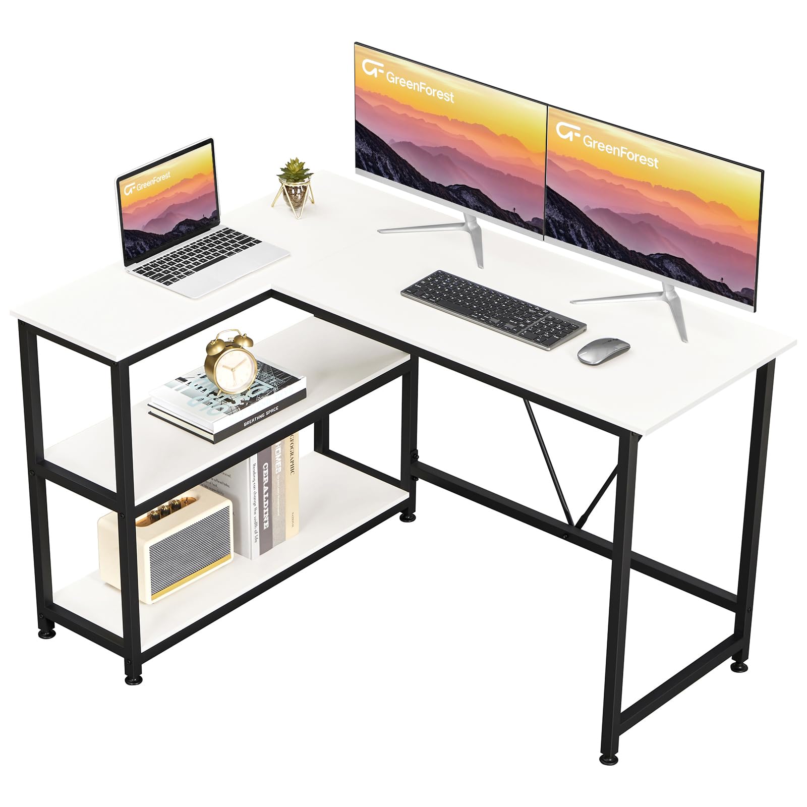 GreenForest Small L Shaped Desk 47 inch l Desk with Storage Shelf Writing Corner Computer Desk Saving Space for Home Office PC Workstation Laptop Table, White