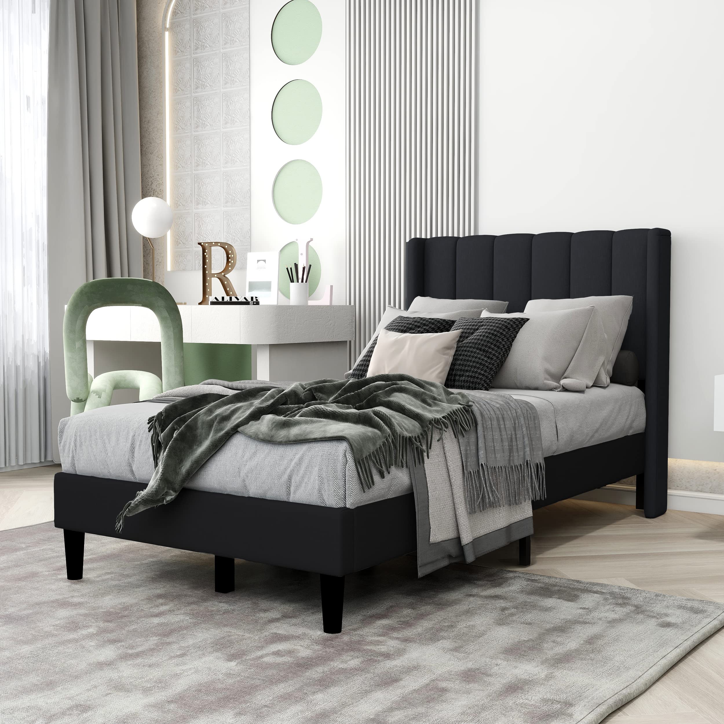 Gruwans Upholstered Bed Frame Queen with Wingback Headboard/No Box Spring Needed/Wooden Slat Support/Easy Assemble/Yellow