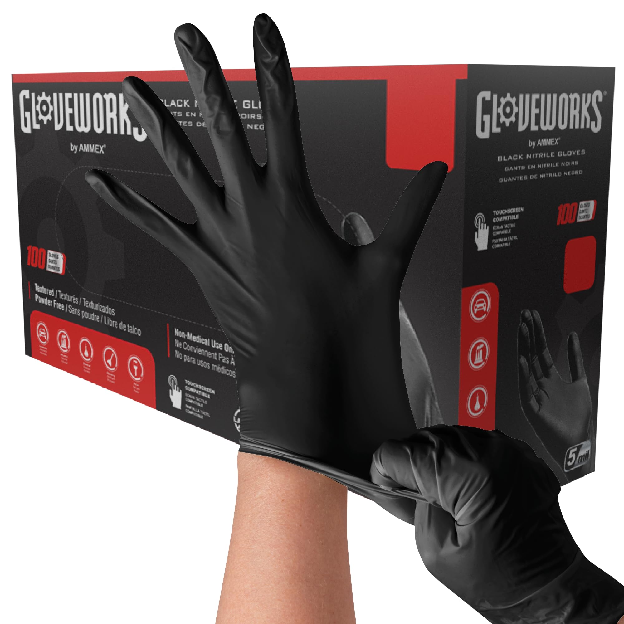 GLOVEWORKS Black Disposable Nitrile Industrial Gloves, 5 Mil, Latex & Powder-Free, Food-Safe, Textured, Large, 2 Boxes of 100