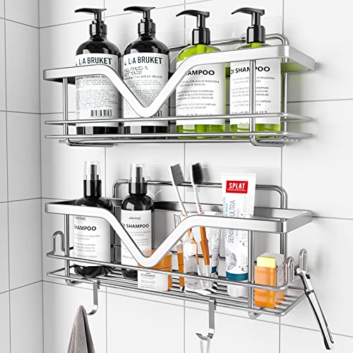 SIXDOVE Shower Caddies 2 PACK - No Drilling Adhesive Shower Organizer with Hooks, Rustproof SUS304 Stainless Steel Bathroom Shower Shelf, Shower Rack Large Shower Holder & Kitchen Storage (Silver)