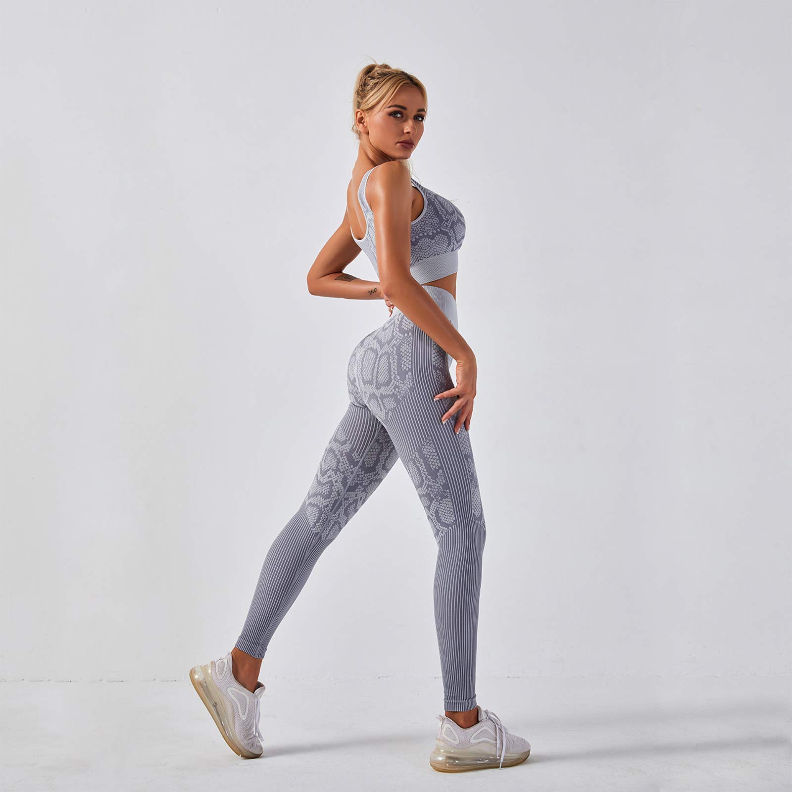 Hotexy Women Workout Set Active 2 Pieces Snake Print High Waisted Leggings with Paded Sports Bra Crop Top Deep Blue