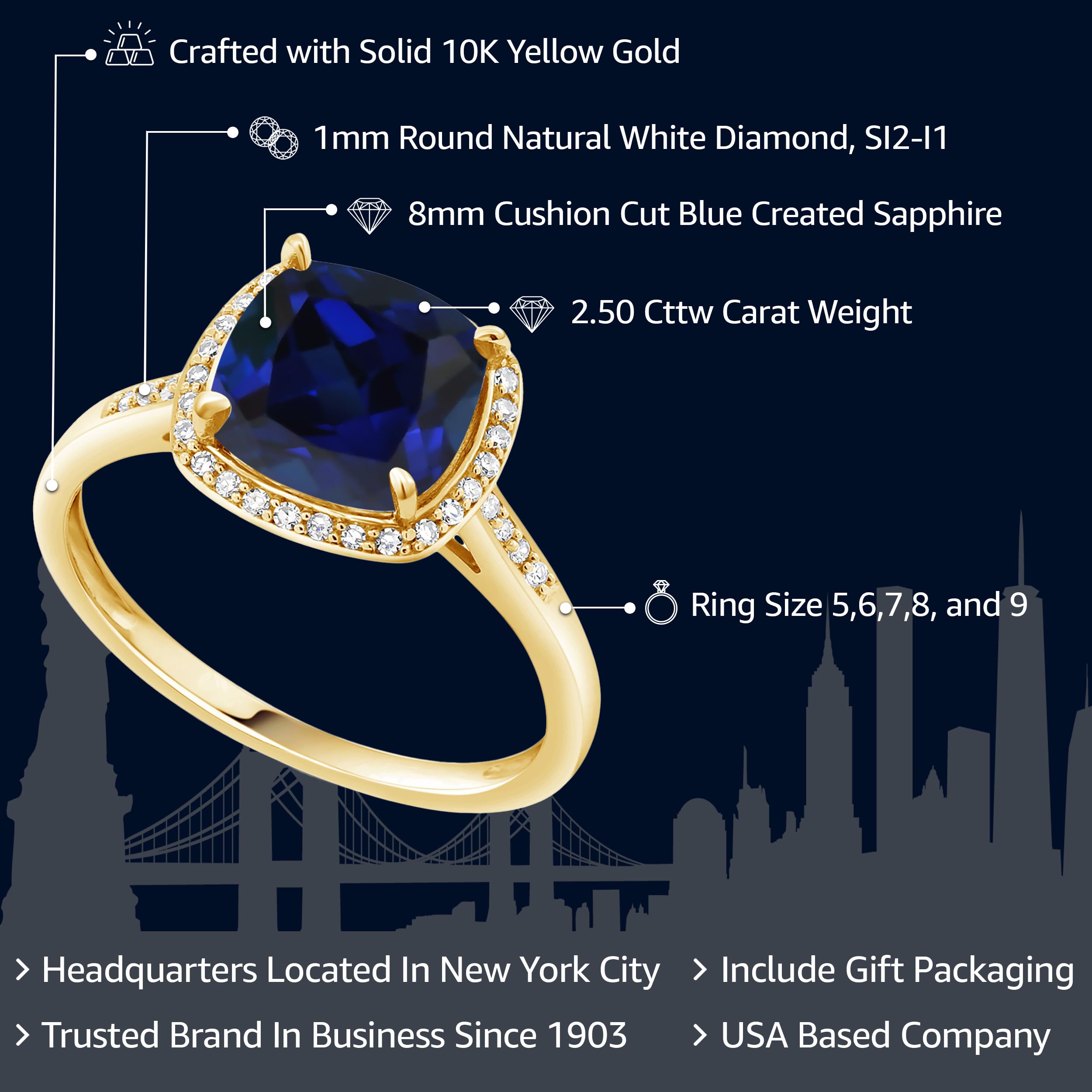 Gem Stone King 10K Yellow Gold Blue Created Sapphire and Diamond Engagement Ring For Women | 2.50 Cttw | Cushion 8MM | Yellow Gold Ring | Available in size 5, 6, 7, 8, 9