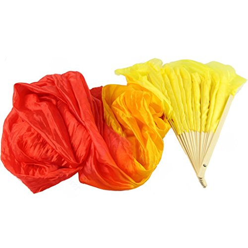 KKirafairy New Colorful Belly Dance Bamboo Long Silk Fans Veils 4 Colors Hand Made Silk Fan