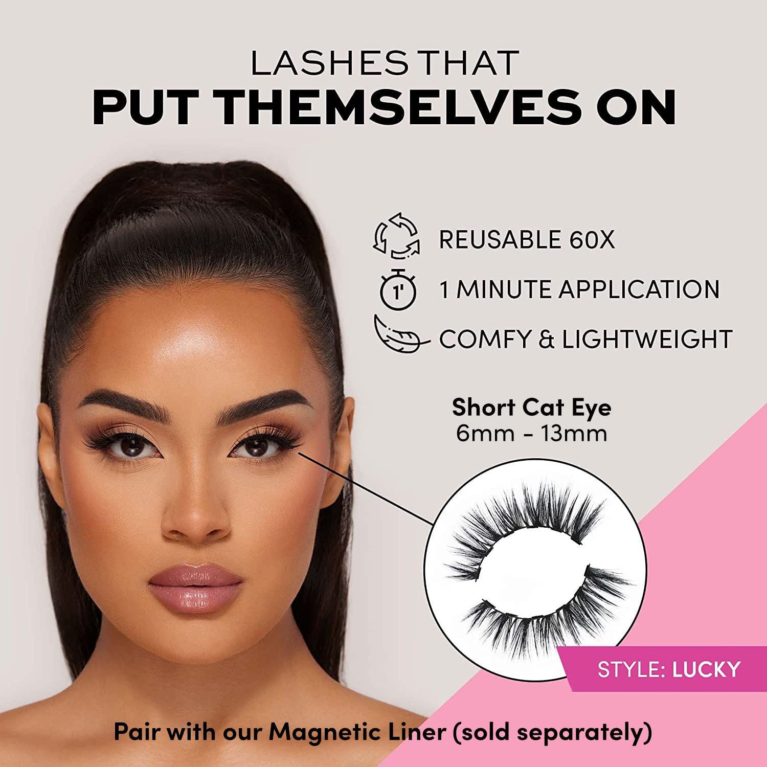 Glamnetic Magnetic Eyelashes - Lucky | Short Magnetic Lashes, 60 Wears Reusable High Volume Faux Mink Lashes, Cat Eye Flared - 1 Pair