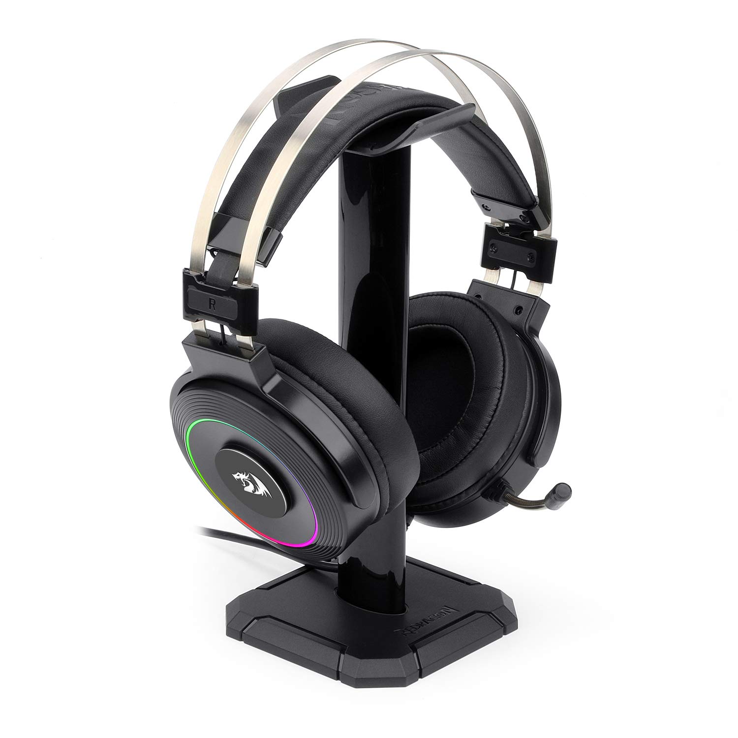 HUO JI Lamia Gaming Headset with 7.1 Surround Sound, Volume Control, Noise Cancelling, RGB Light, Stand, Over Ear Wired Headphone, with Mic for PC, PS4, Black