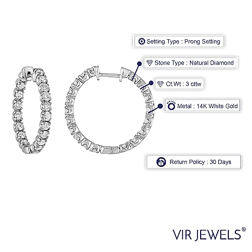 Vir Jewels 3 cttw Diamond Inside Out Hoop Earrings 14K White Gold Round Prong Set 1 inch