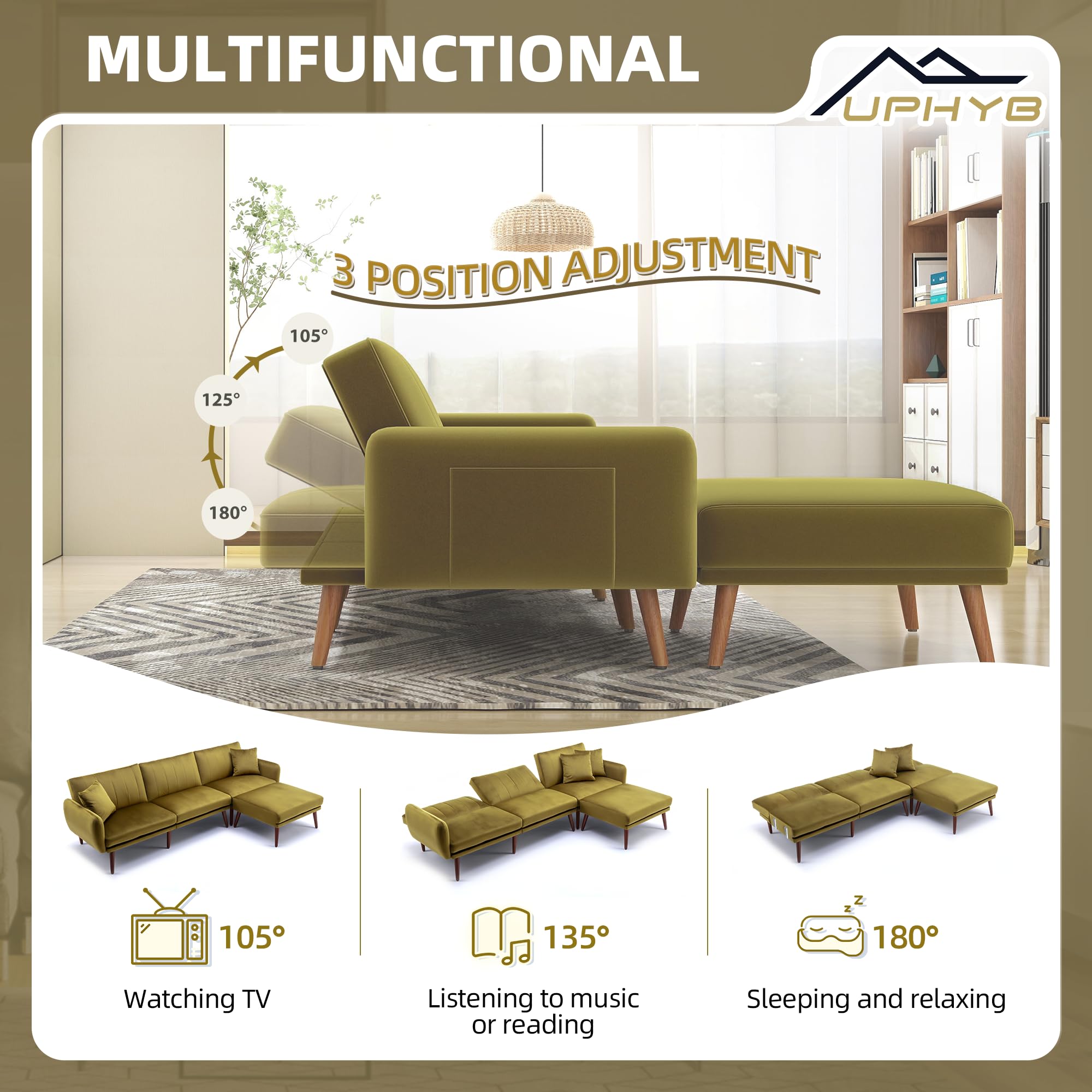 UPHYB 105" L-Shaped Velvet Sectional Sofa Couch, Modern Convertible Sleeper Sofa Bed with Adjustable Backrest, 2 Pillows and Ottoman, Modular Sofa Couch for Living Room and Apartment