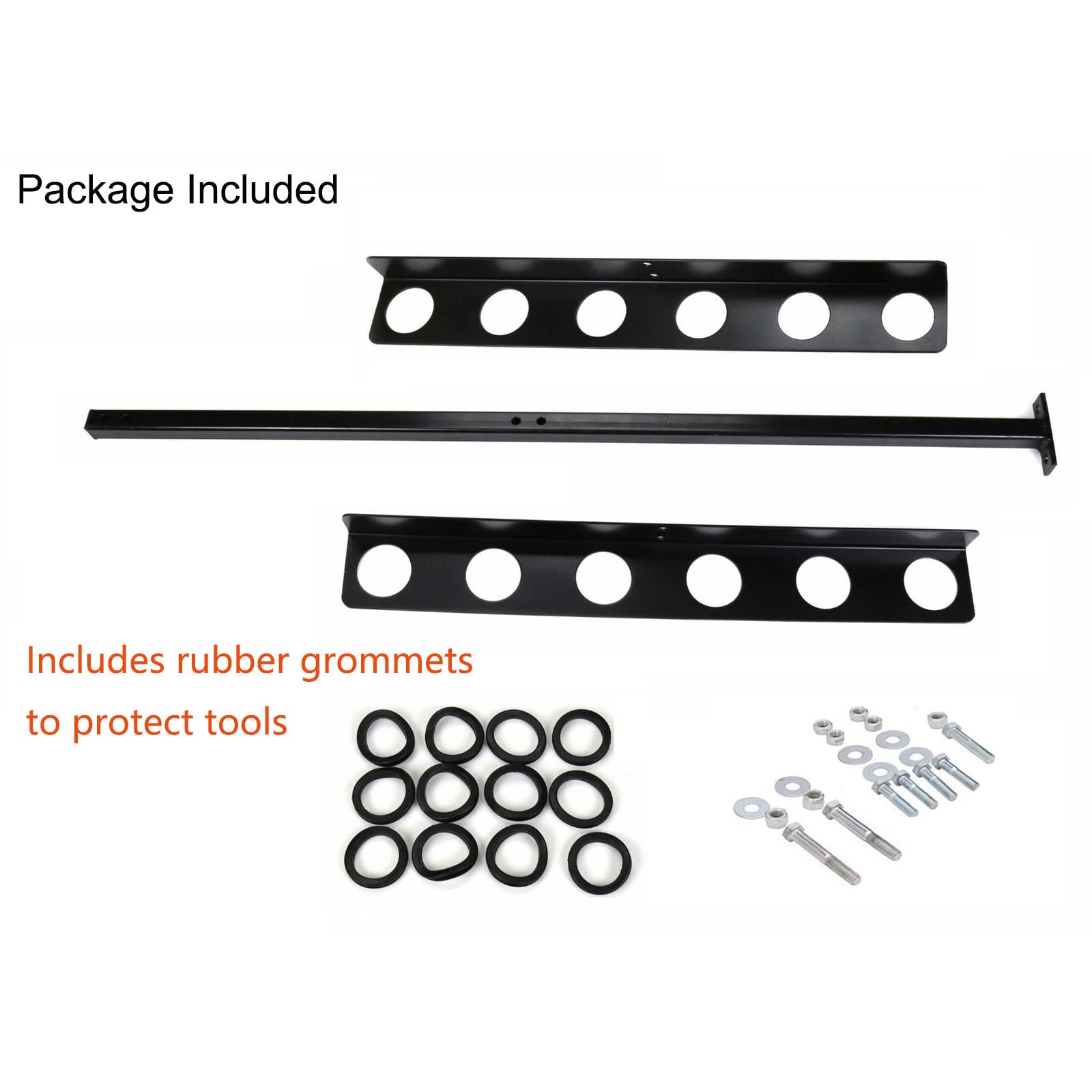 Hand Tool Rack with 6 Tool Hole for Truck Trailer,Landscape Hand Tool Rack for Open Style Trailers,Hand Tool Rack with Rubber Grommets and Mounting Hardware, Black Powder Coated