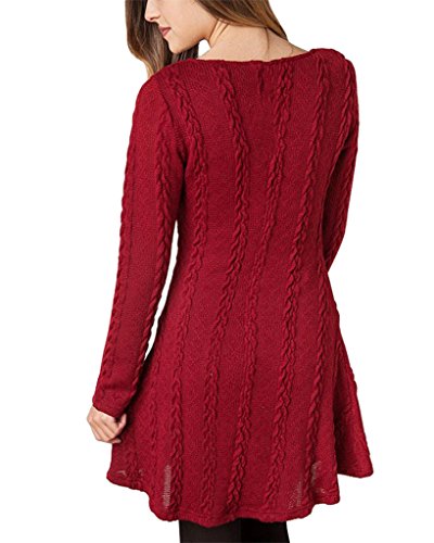 Women Fashion Cable Knitted Sweater Long Sleeve Crew Neck Pullover Dress Large WineRed