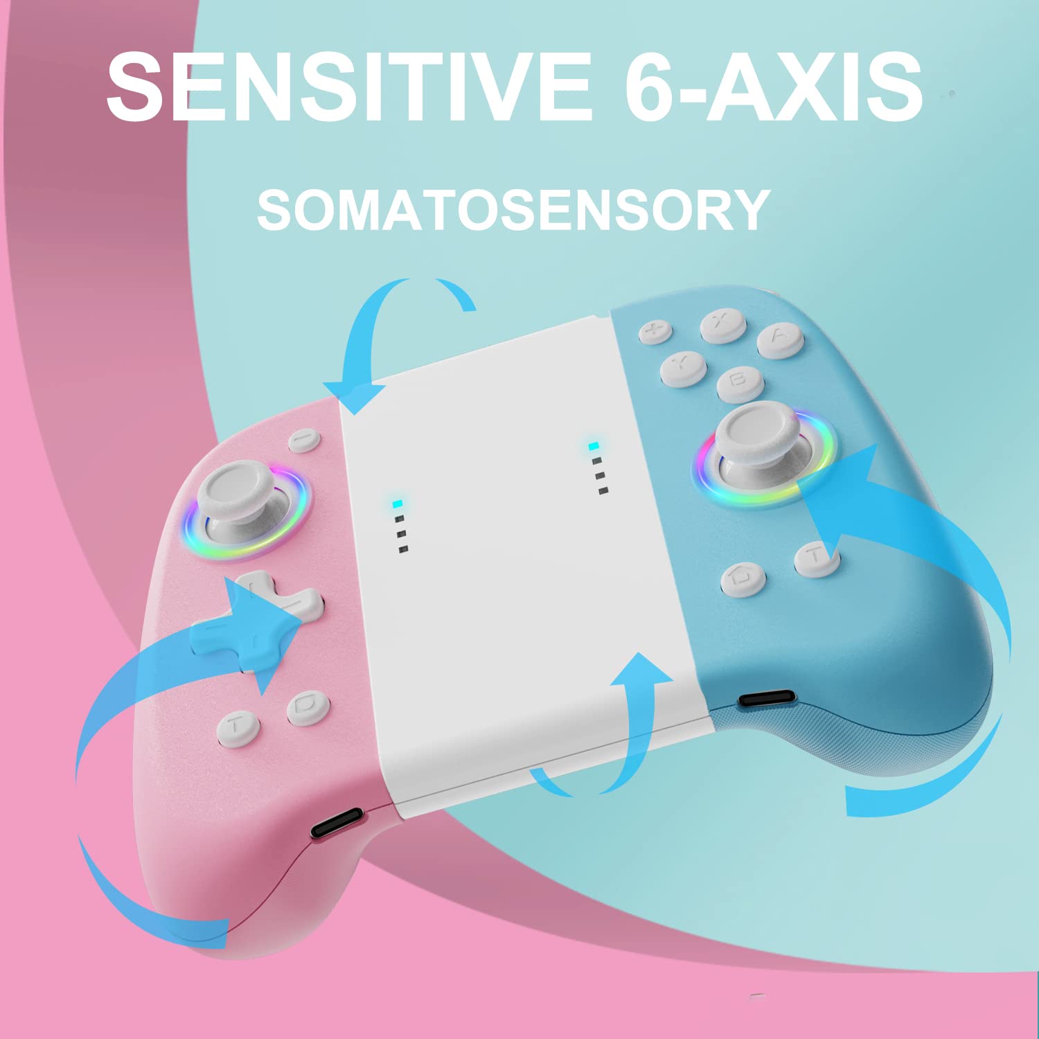 momen Wireless L/R Joypad for Switch/Switch Lite/OLED, Replacement for Joycon with Adjustable LED Light Turbo Vibration Motion Wake-up Function Cute Kawaii Gamepad Remote Pro Controller -PinkBlue