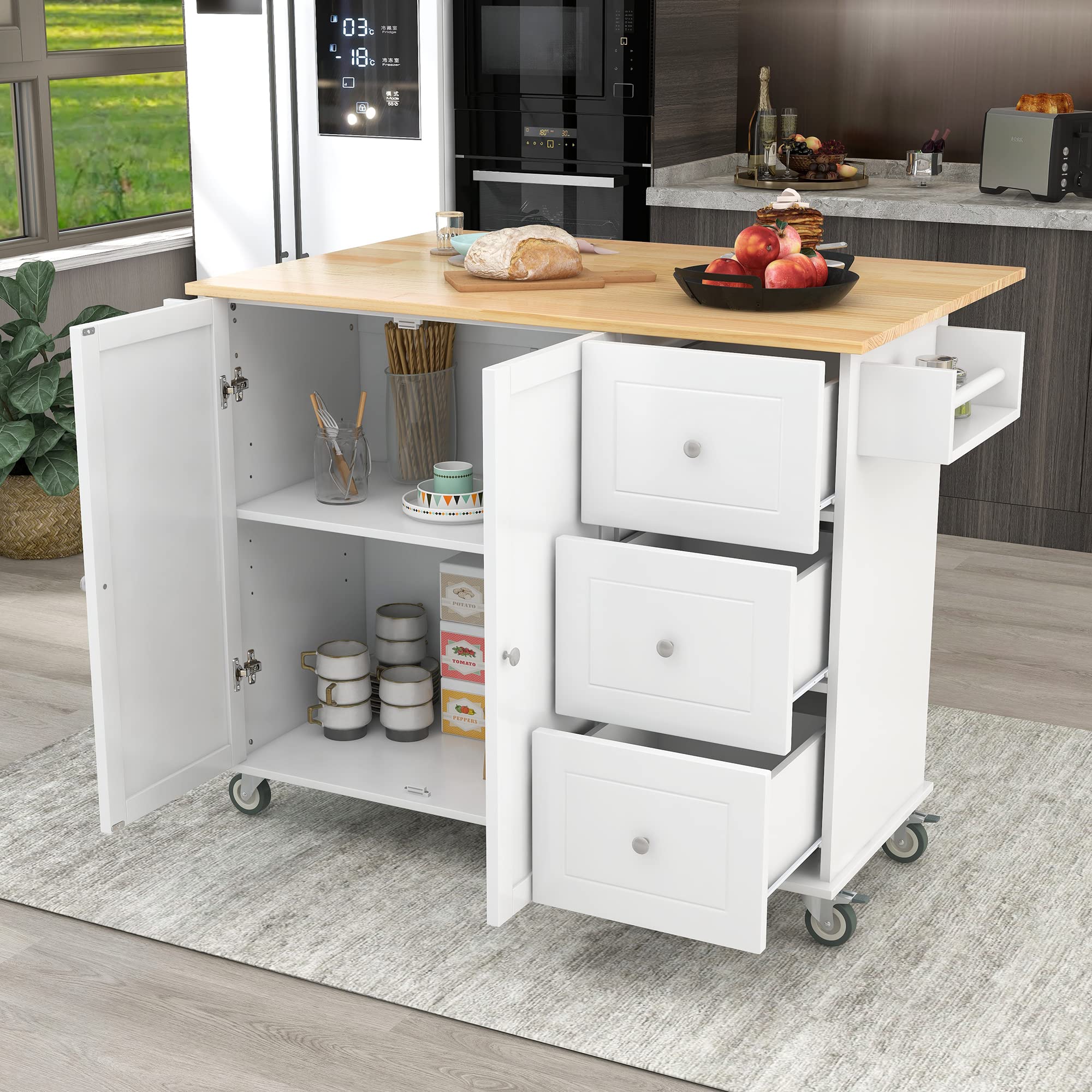 GLANZEND 52.7" Rolling Mobile Kitchen Island Cart with Drop Leaf Wood Top, Adjustable Shelves Coffee Bar Trolley on Lockable Casters & Storage Cabinet & 3 Drawers for Dining Room, White