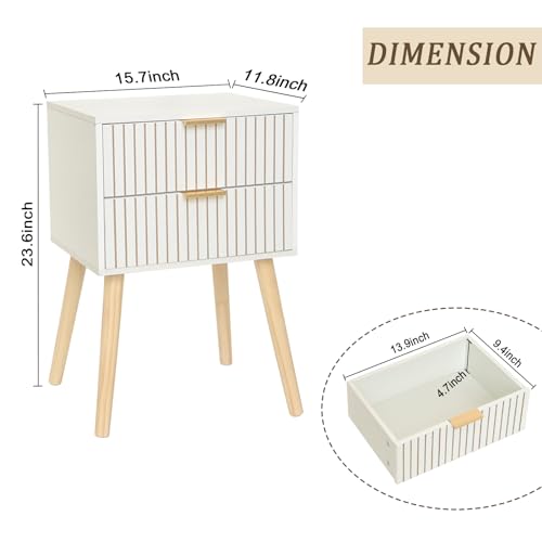 White Nightstand, Modern Bedside Table with 2 Drawers, Wood Side End Table with Storage for Small Space, Bedroom, Living Room, White