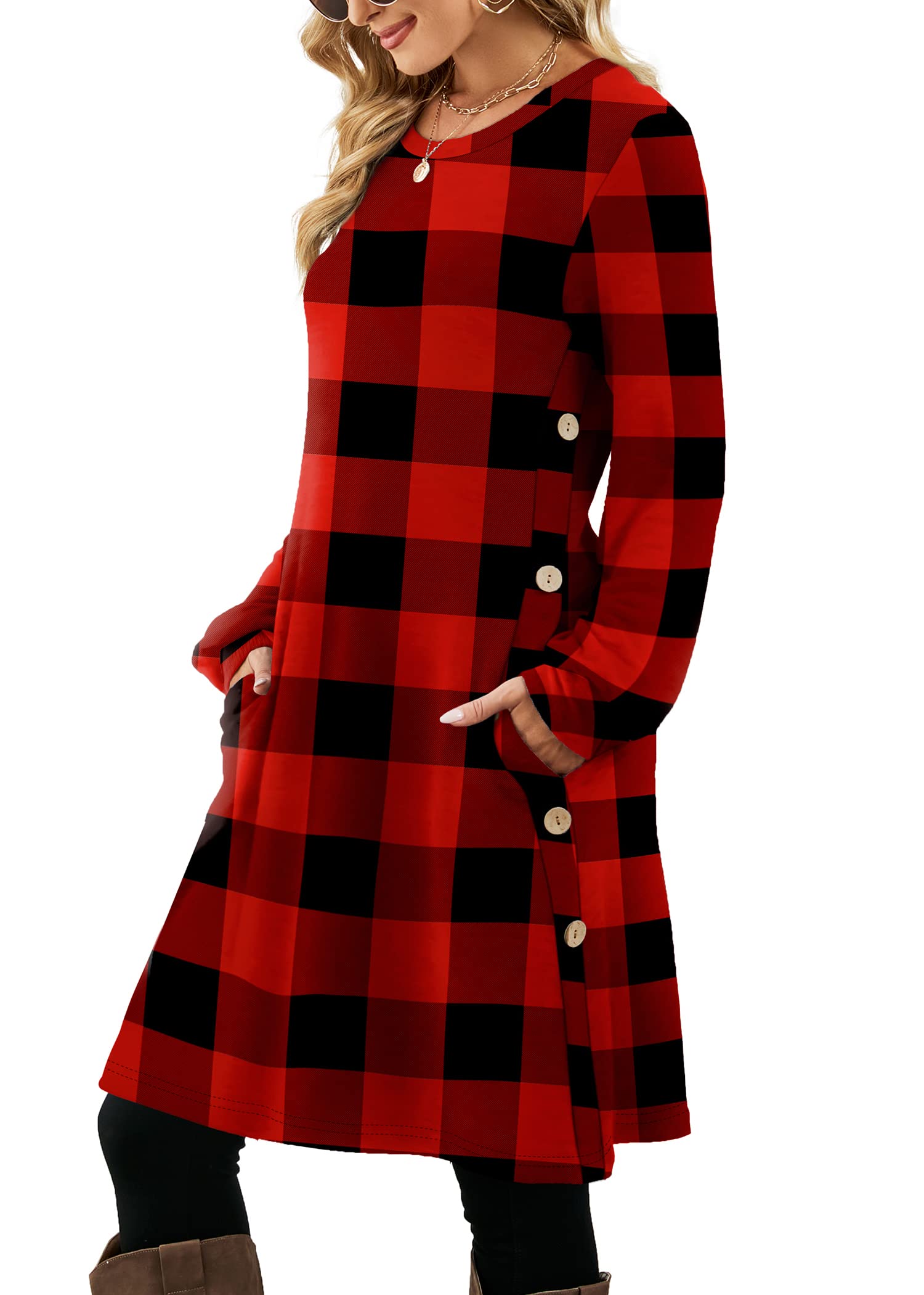 Glanzition Plaid Dress for Women Christmas Knee Length Tunic Dresses Red L