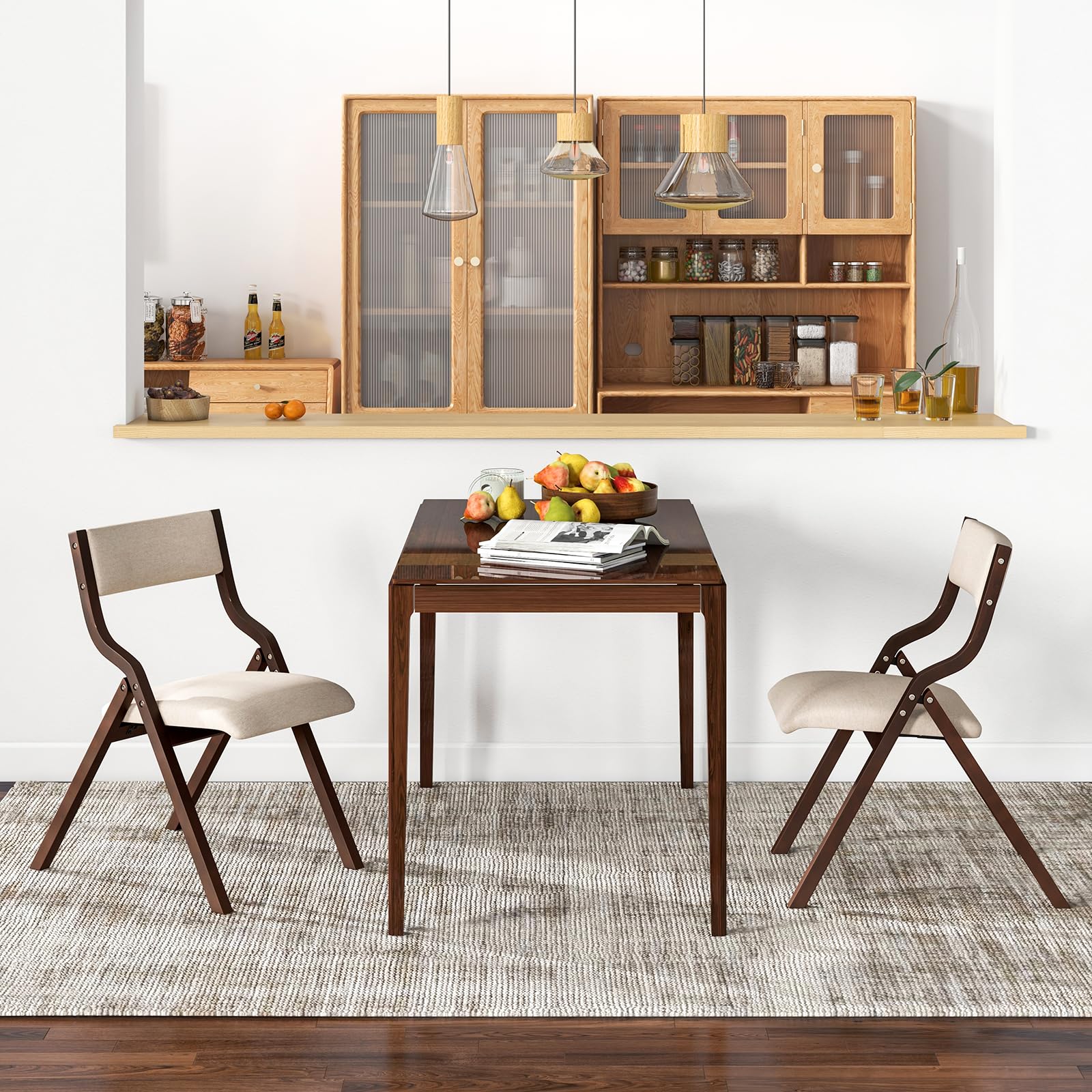 Giantex Folding Dining Chairs Set of 2, No Assembly Folding Chairs w/Linen Padded Seats, Wood Foldable Kitchen Chairs, Easy to Store Extra Event Chairs, Padded Folding Chair for Wedding Guests Party