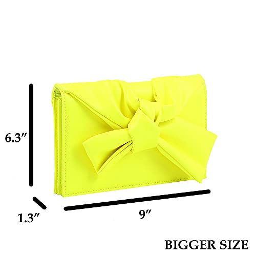 Handbag Republic Evening Clutch Messenger Style With Cute Bow Tie Purse Vegan PU Leather Crossbody Shoulder Bag (L-Neon Yellow)