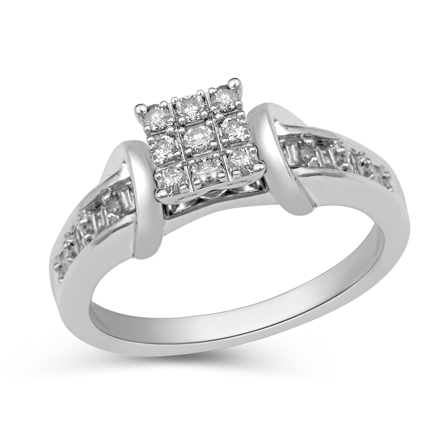 Jewelili Sterling Silver 1/6 Cttw Natural White Round and Baguette Cut Diamond Engagement Ring, Size 7