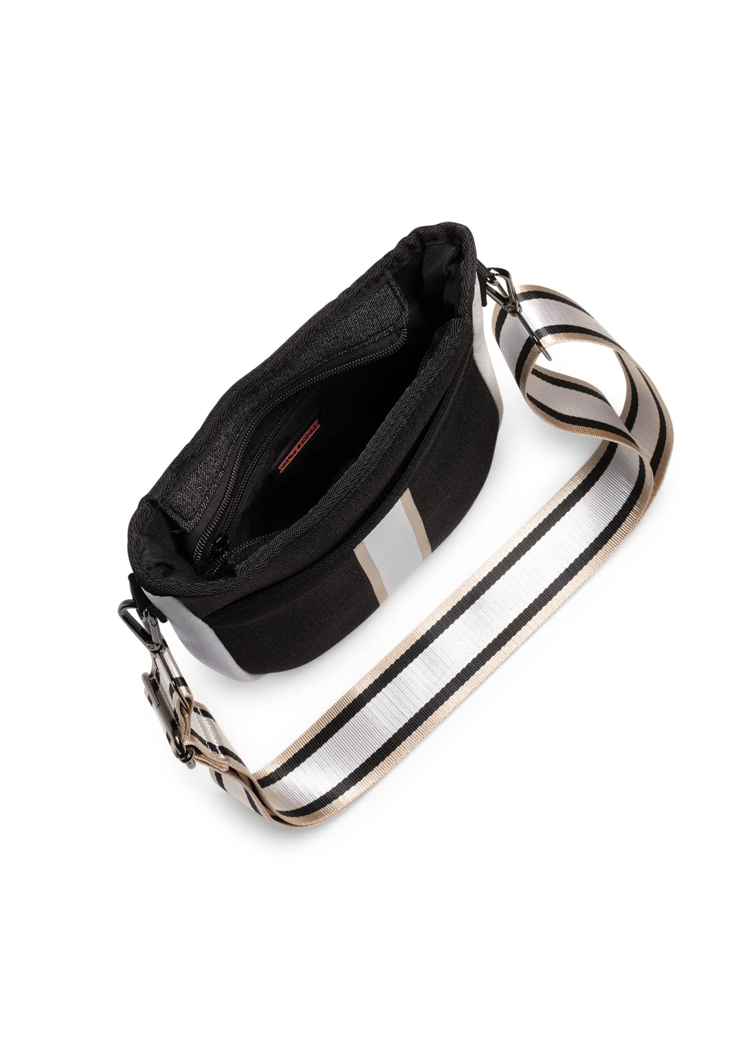 Jeri Bravo Crossbody Tote by Haute Shore, Black Denim W/Rosegold and White Stripe