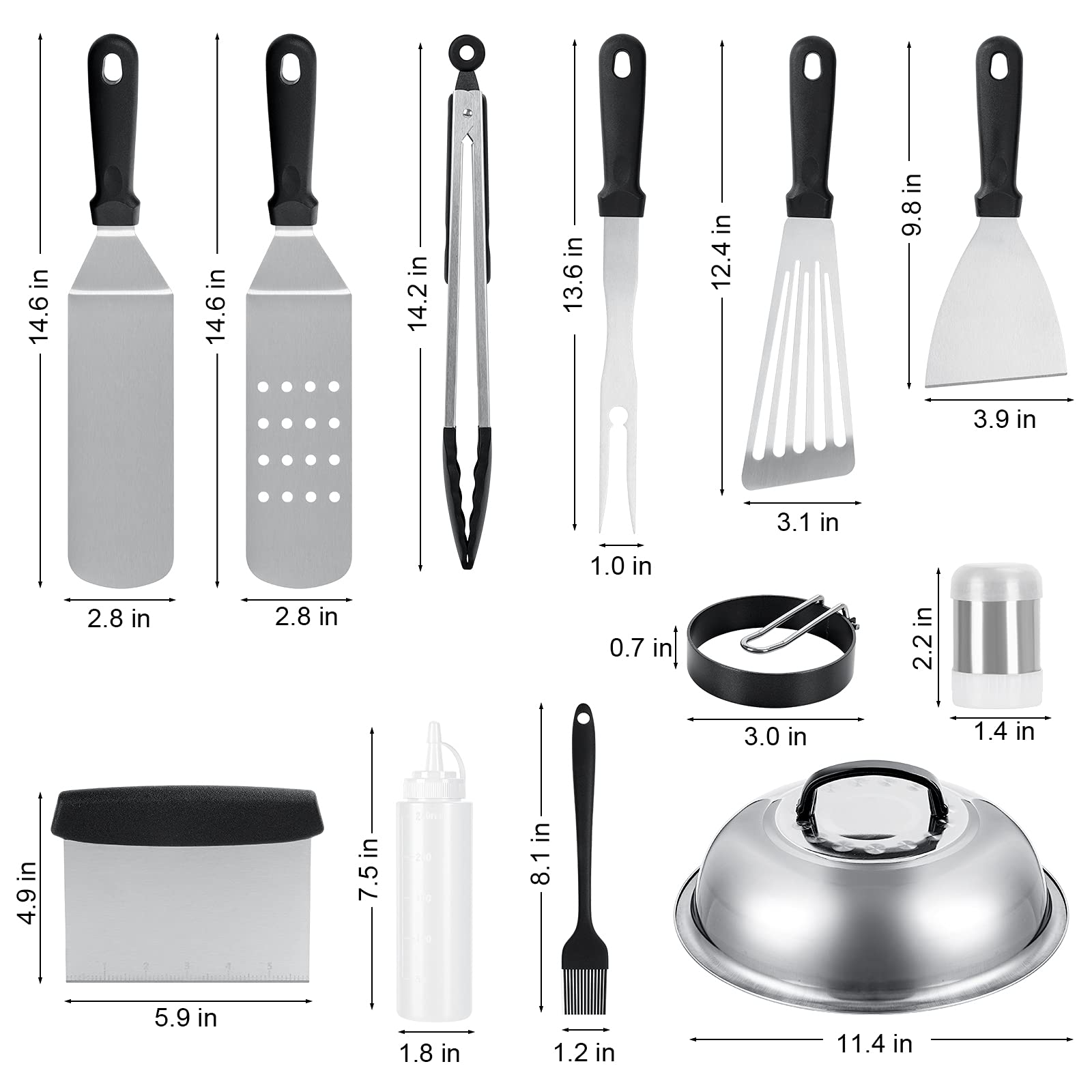 Griddle Accessories Kit - 15 PCS Griddle Grill Tools Set with Stainless Long Spatula Set, Basting Cover, Fork, Fish Turner, Chopper, Scraper, Grill Tongs, Perfect for BBQ and Camping