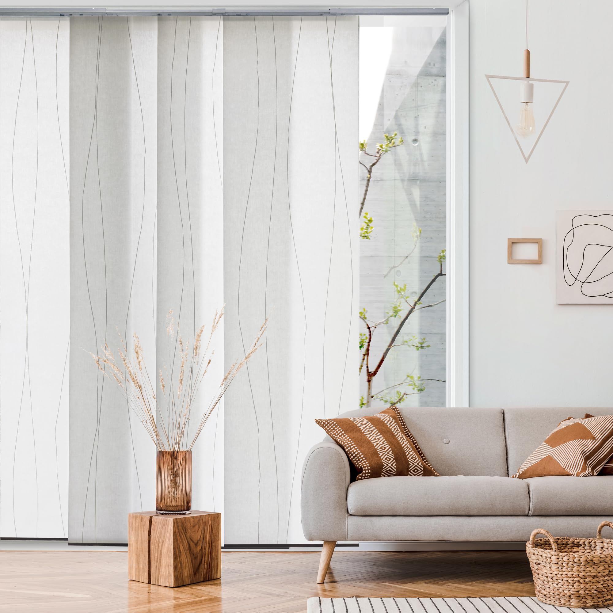 GoDear Design Adjustable Sliding Window Panel Track Blinds 45.8"- 86" W x 96" H, Extendable Vertical Blinds, Sliding Hanging Room Dividers, White Trimmable Fabric Shades, Light Filtering, Catch Me