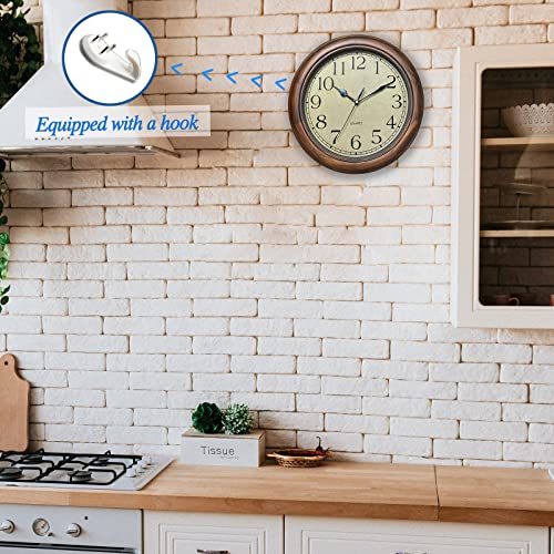 Wood Wall Clock with Retro Design, 12 Inch Round, Big Arabic Numerals, for Living Room Kitchen Classroom Gym and Pool, Brown