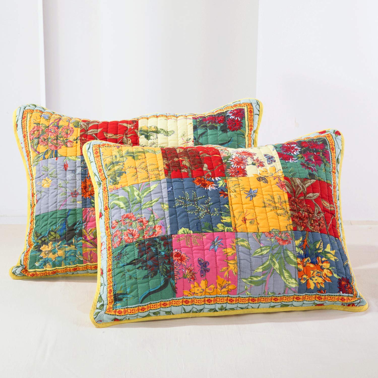 Hailea Boho Bedding Sets Queen Patchwork Quilt Set Vintage Floral Plaid Bedding Luxury Flower Quilt Lightweight Reversible Yellow Red Pink Bedspread Coverlets All Season, Boho Quilt Bohemia Quilt