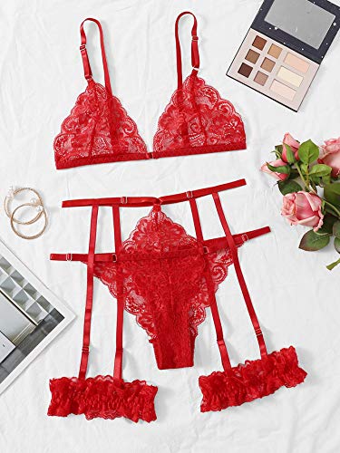 WDIRARA Women's 3 Pieces Mesh Floral Lace Scalloped Trim Garter Lingerie Set Red S