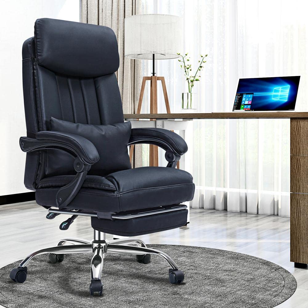 High Back Office Chair with Lumbar Support and Footrest, Executive Computer Desk Chair with Padded Headrest and Armrest, Adjustable Height Tilt Angle Swivel Task Chair for Home Office (Black)