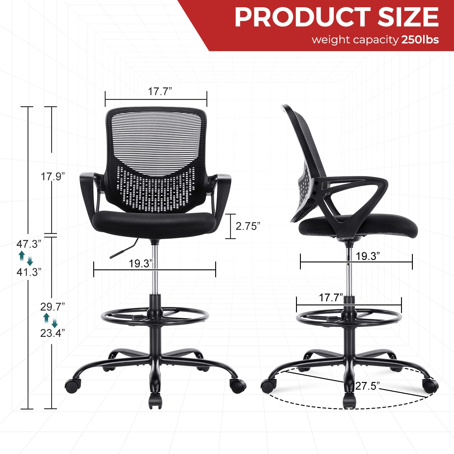 HOMEFLA Drafting, Tall Office, High Adjustable Ergonomic Mesh Computer Task Chairs with Lumbar Support, Armrests and Foot-Ring for Bar Height Desk, 28" D x 19" W x 47" H, Black