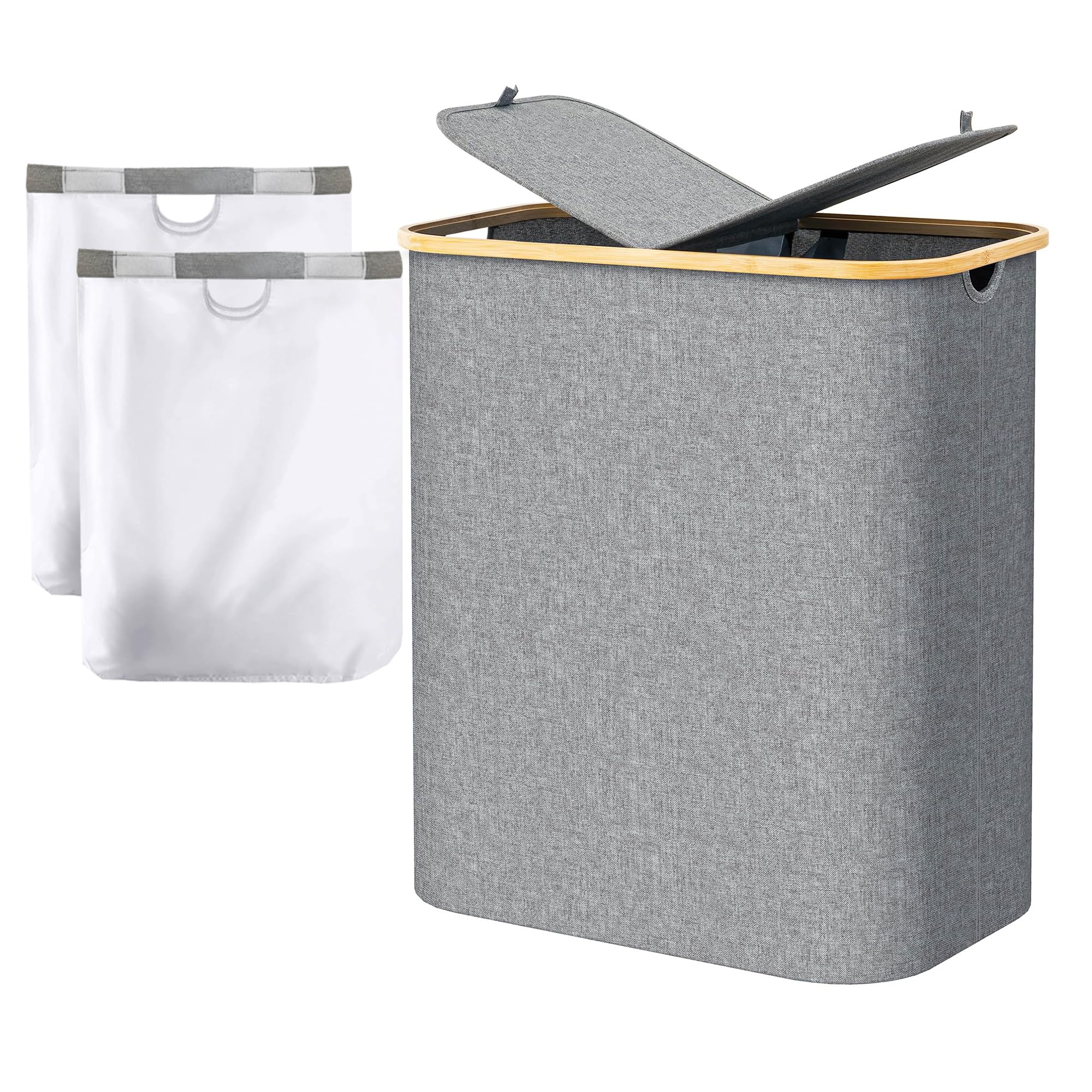 Werduoland 140L Double Laundry Hamper with Lid Divided Laundry Hamper Large Laundry Basket 2 Section Laundry Hamper with Removable Bag Dual Hampers for Laundry Double Sided Hamper for Bathroom (Grey)