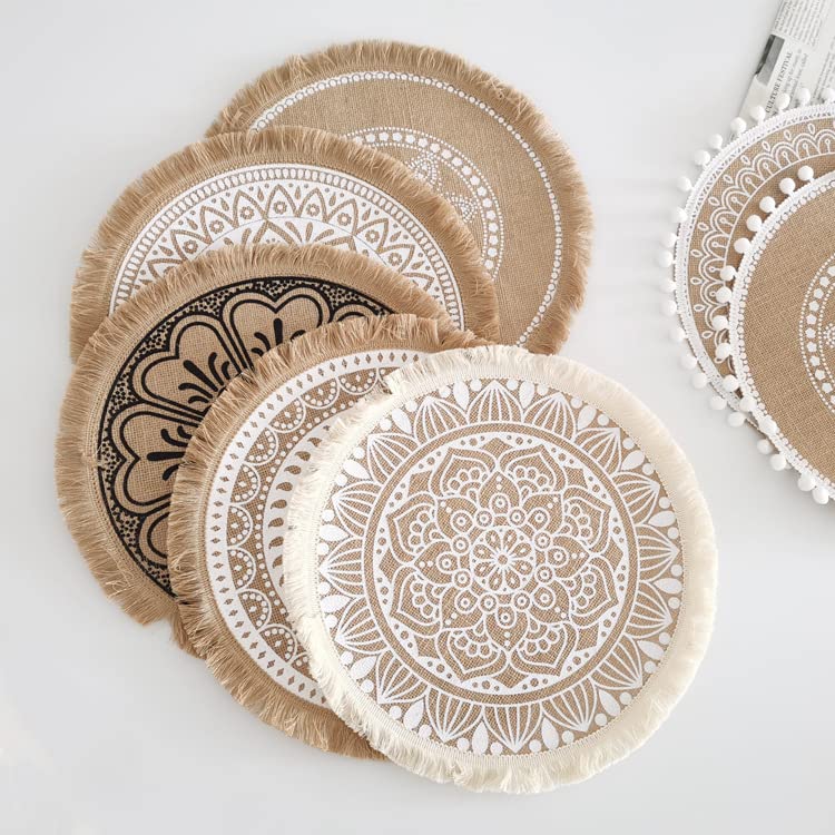 GorinsKani 2 Pieces of Cotton Thread Embroidery Table mat Jute Table mat Decoration mat Round Tassel Side Table mat Heat Insulation mat Anti-Slip Kitchen mat Home Decoration (Tassel Style A)