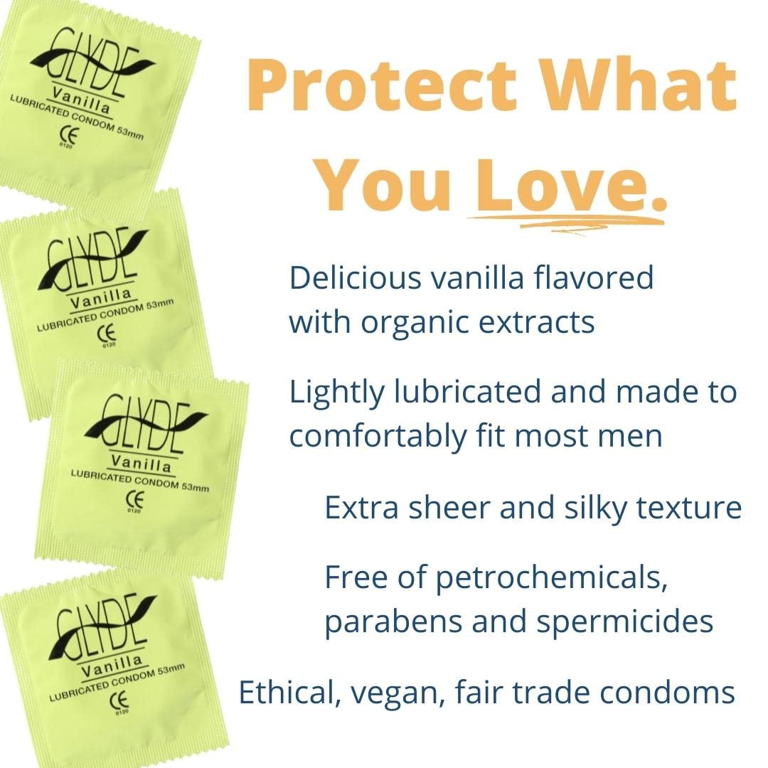 GLYDE Vanilla Flavored Ultra Thin Condoms - 4 Count - Organic Flavor Extract, Ultra-Thin, Vegan, Non-Toxic, Medium Size Natural Rubber Latex, 53mm Standard Fit