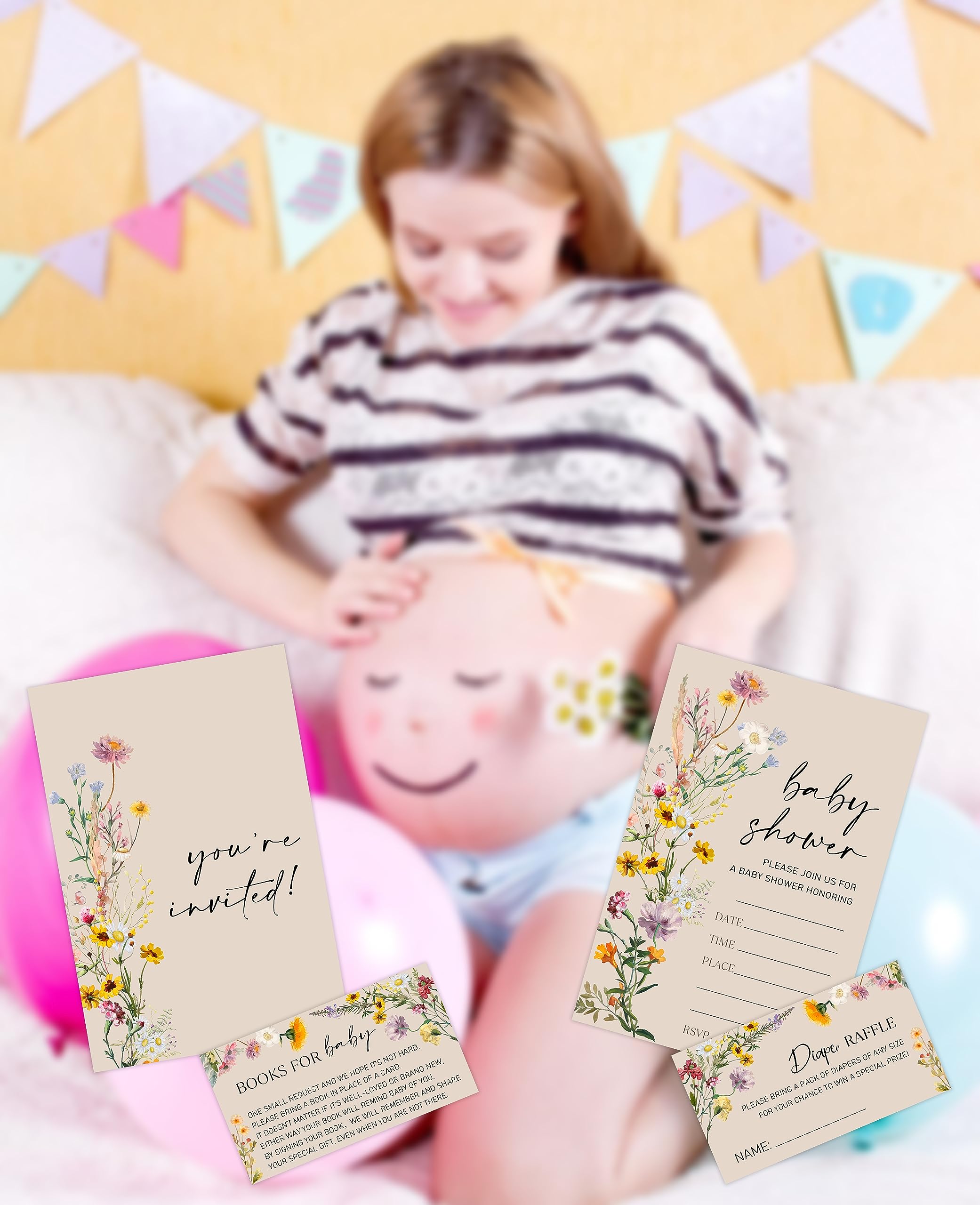 GNATV Set of 25 Baby Shower Invitations with Envelopes, Diaper Raffle Tickets and Baby Shower Book Request Cards - set004