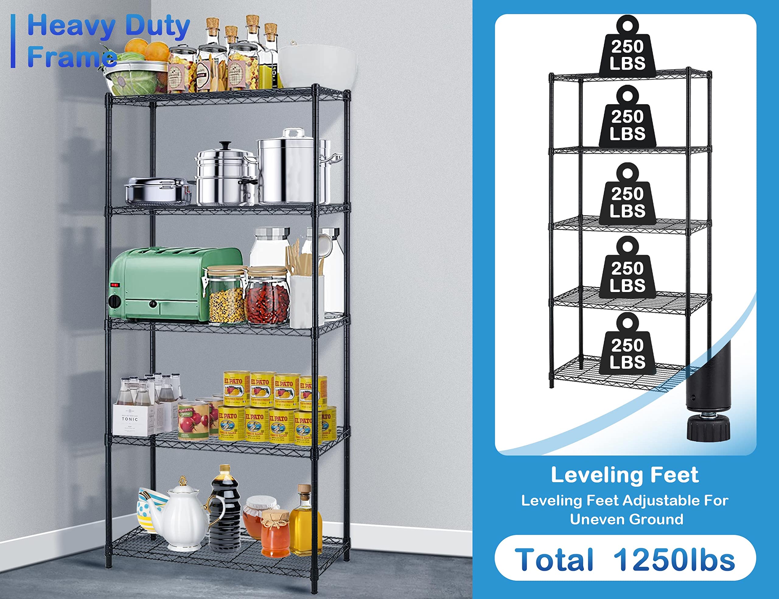Haiput Wam Storage Shelves, 5 Tier Adjustable Metal Shelving with 1250 Lbs Capacity for Kitchen Laundry Bathroom Pantry Organization, Shelving Unit Wire Shelf Metal Shelves for Storage -14x36x72