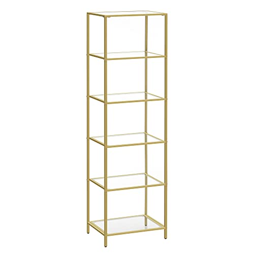 VASAGLE Bookcase, 6-Tier Bookshelf, Slim Shelving Unit for Bedroom, Bathroom, Home Office, Tempered Glass, Steel Frame, Gold Color ULGT500A01