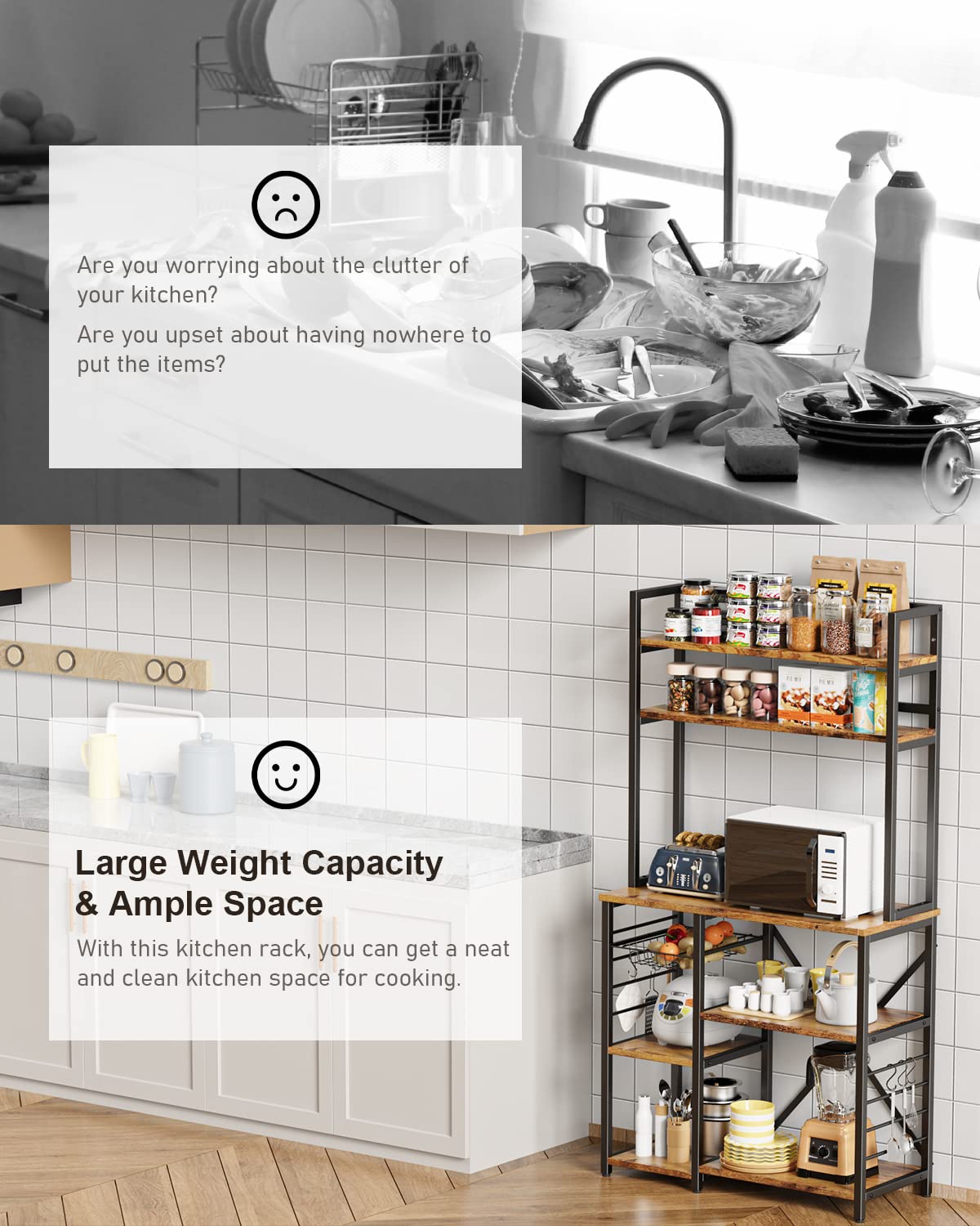 Gizoon Home Kitchen Baker's Rack with Spacious Storage, 5 Tier Versatile Microwave Stand Shelf with Basket & Side Hooks,Free Standing, Sturdy, Durable-Retro