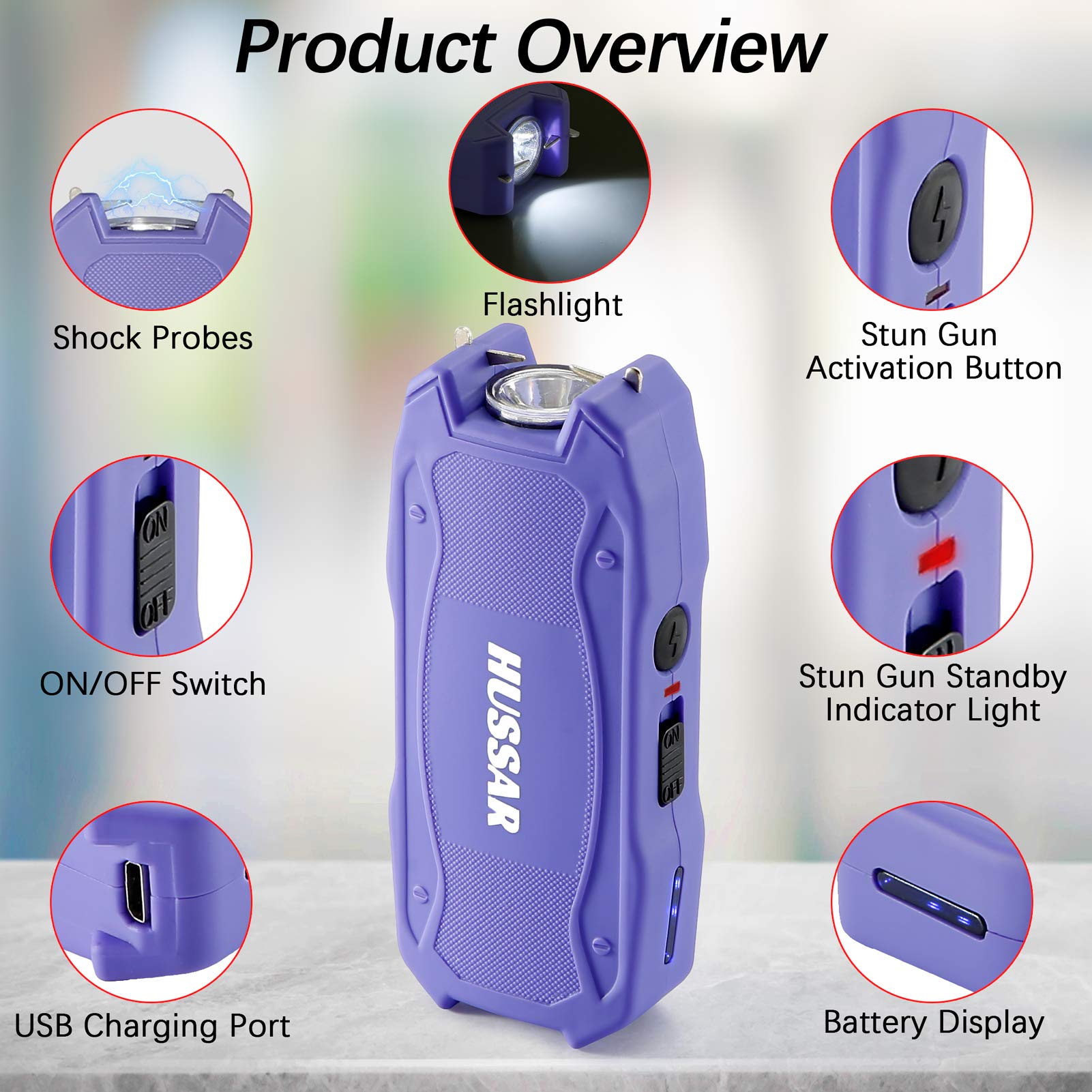 Hussar Stun Gun for Self-Defense, Rechargeable with LED Flashlight, Powerful 1.60 µC Charge with Safety Switch, Battery Indicator and Belt Holster