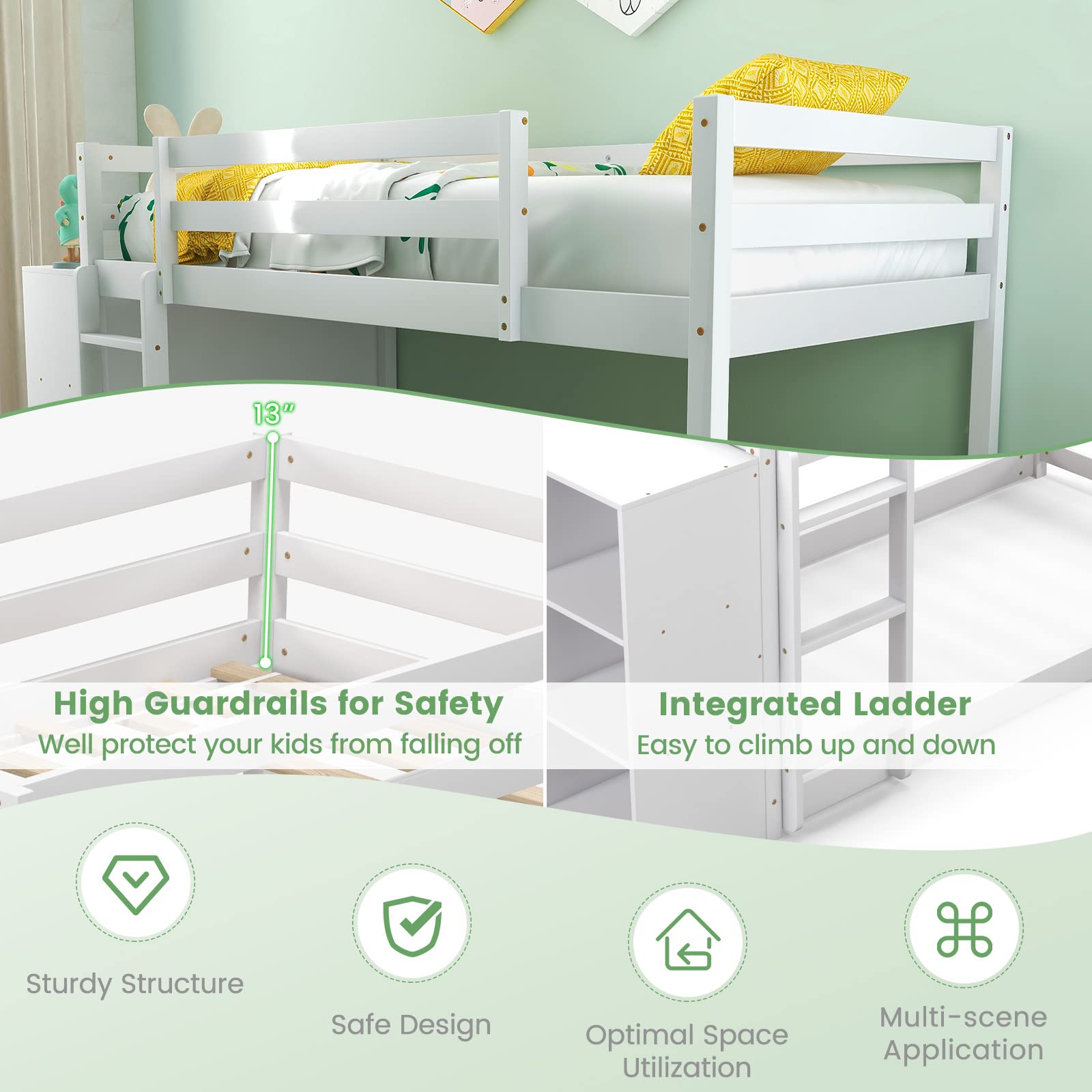 Giantex Twin Over Twin Bunk Bed with Storage Shelves, Solid Wood Bunk Bed Frame with Convertible Bookcase & Ladder, Floor Low Bunk Bed with High Guardrails for Kids Teens, No Box Spring Needed, White