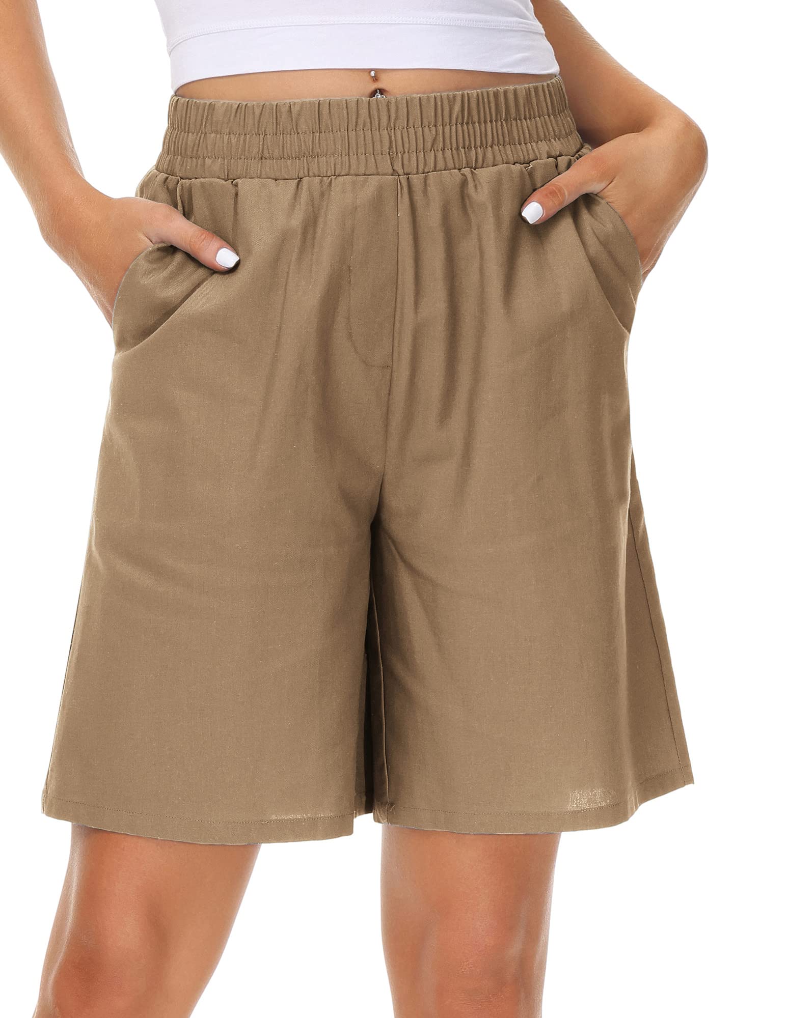 KANCY KOLE Women's Cotton Jersey Shorts with Pockets Loose Fit High Waist Short Pant Knee Length(Khaki,M)