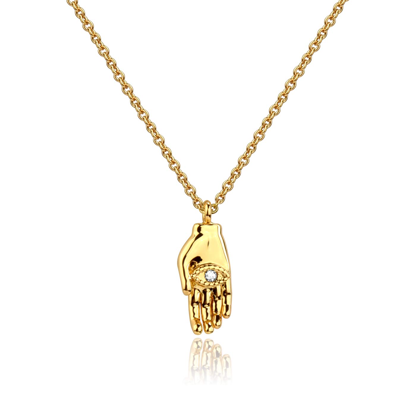 Girafe Hamsa Hand Necklace, 14k Gold Eye Embossed Hand of Fatima Womens Pendant, 16inch